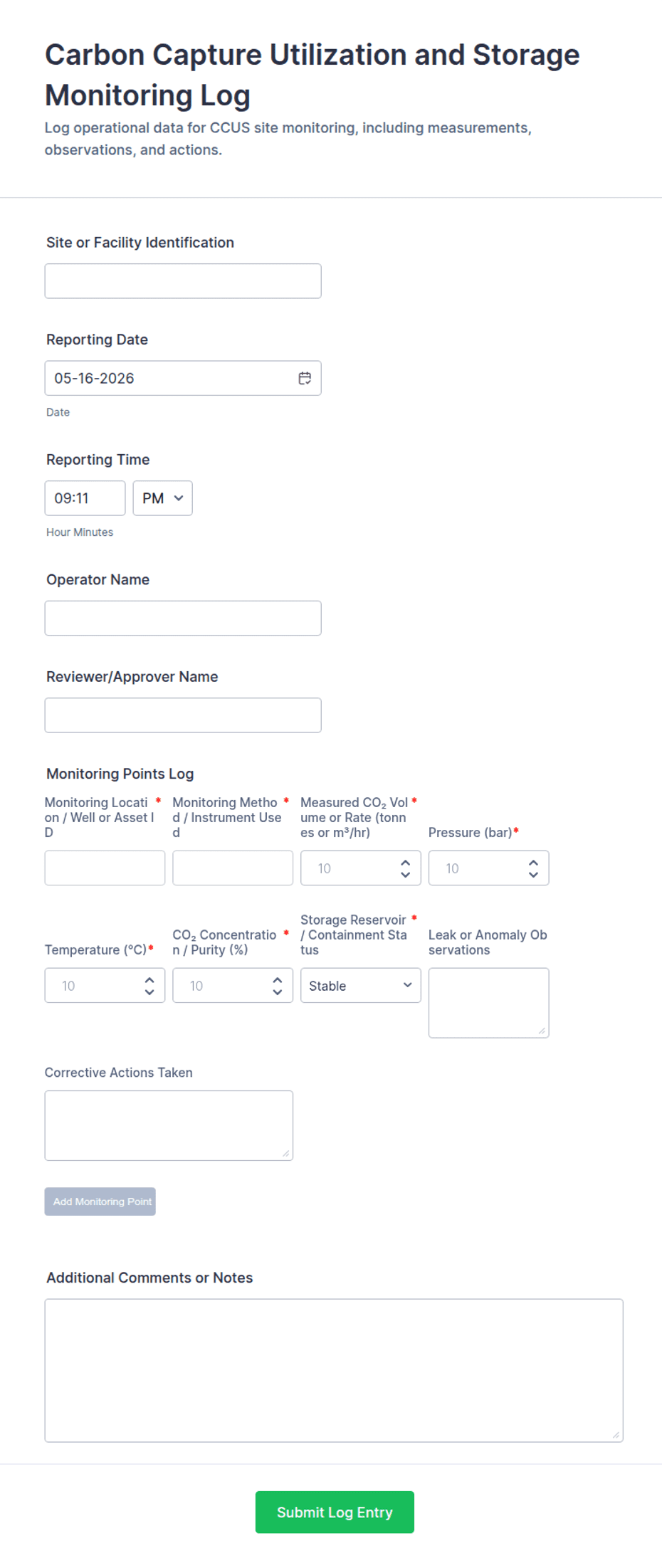 Carbon Capture Utilization and Storage Monitoring Log Form Template ...
