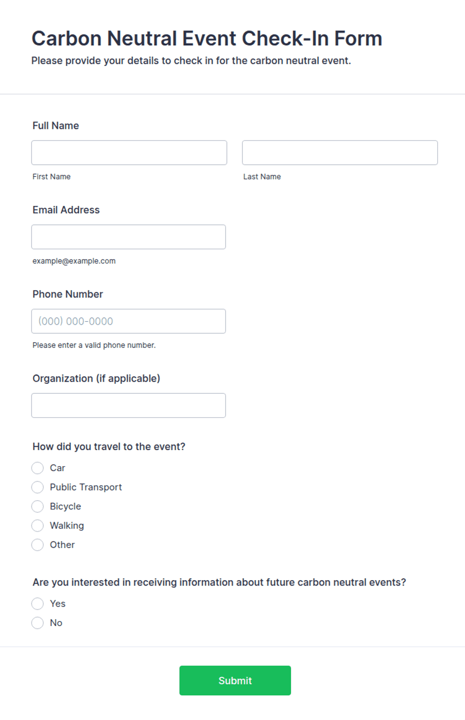 Carbon Neutral Event Check-In Form Template | Jotform