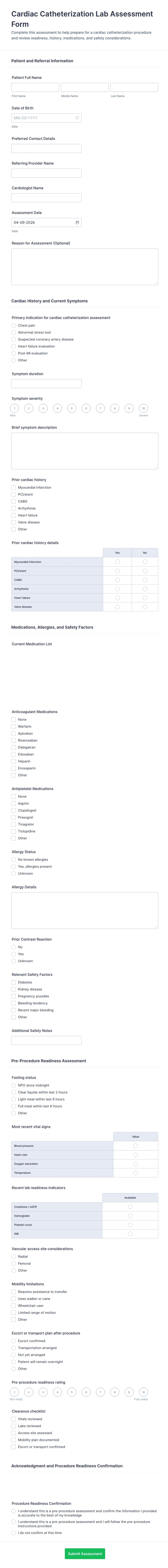 Cardiac Catheterization Lab Assessment Form Template | Jotform
