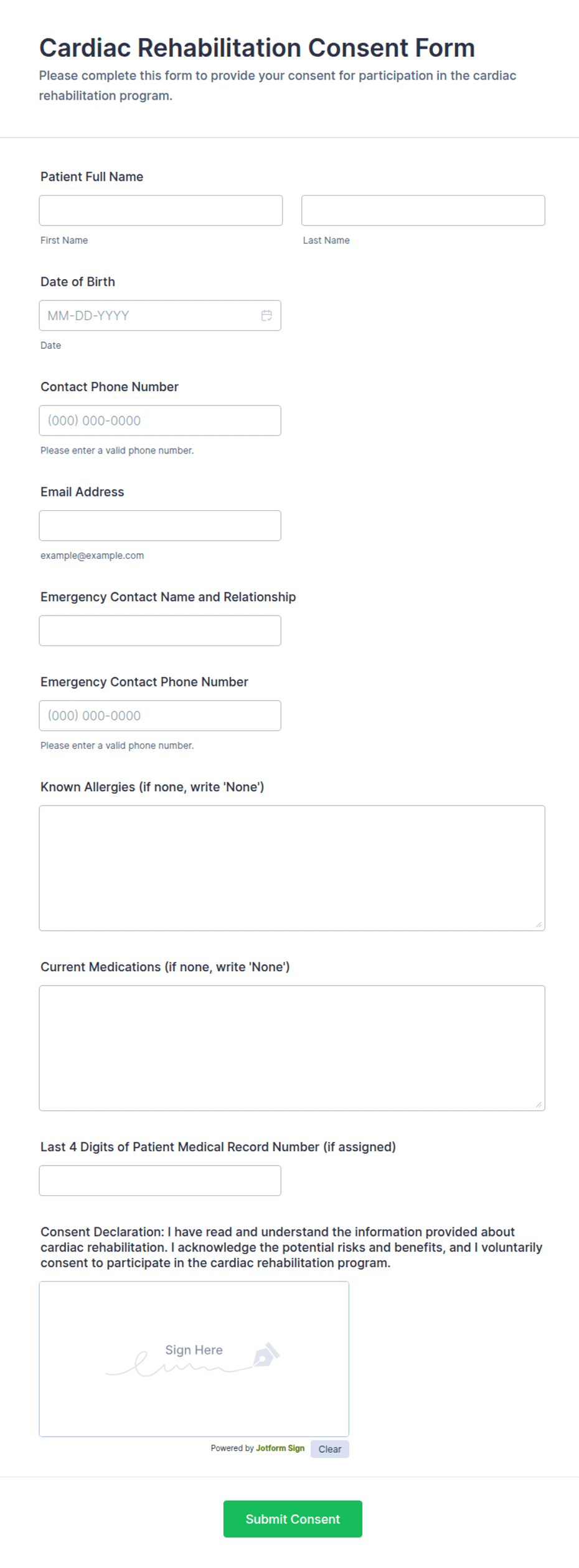 Cardiac Rehabilitation Consent Form Template | Jotform