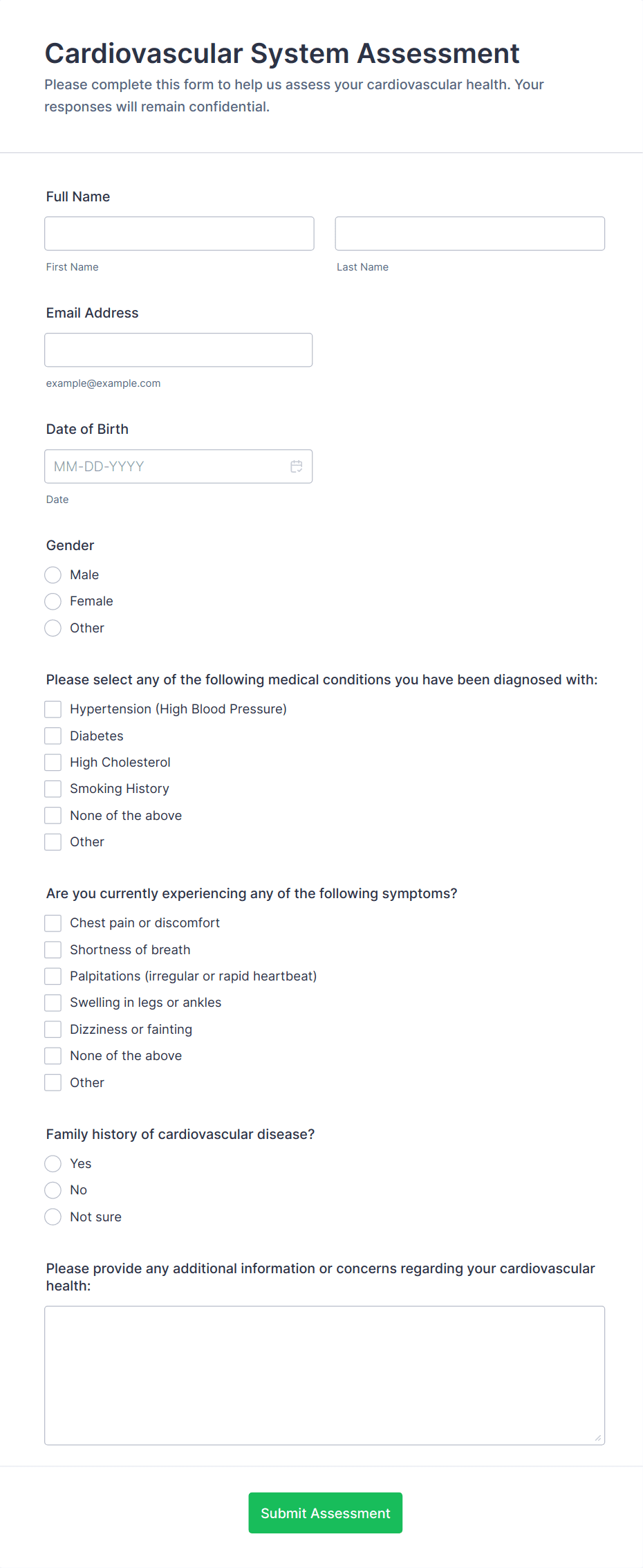 Cardiovascular System Assessment Form Template | Jotform