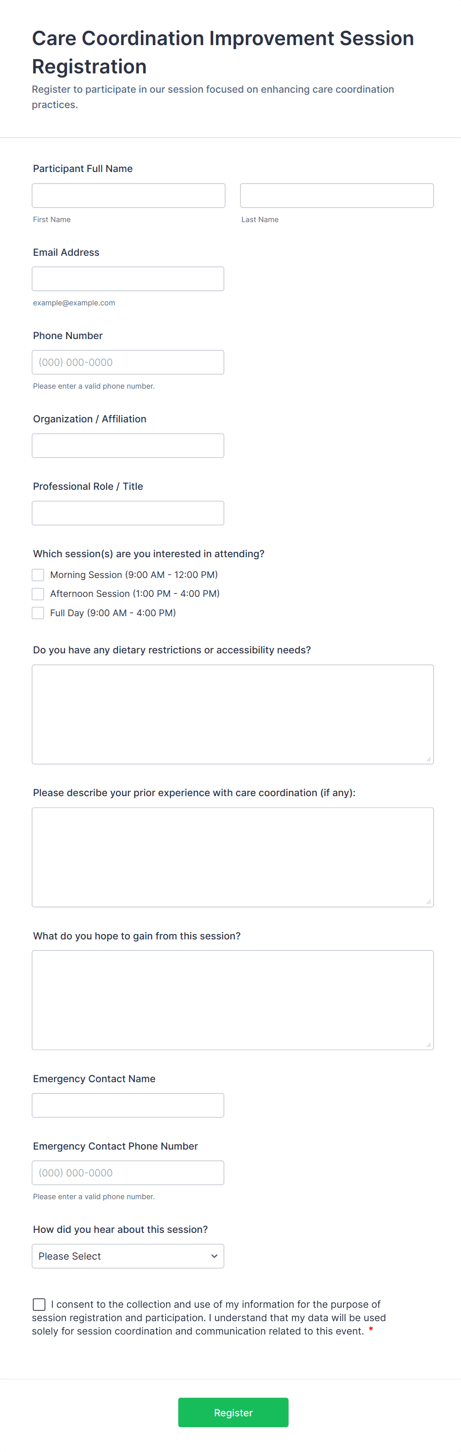 Care Coordination Improvement Session Registration Form Template | Jotform