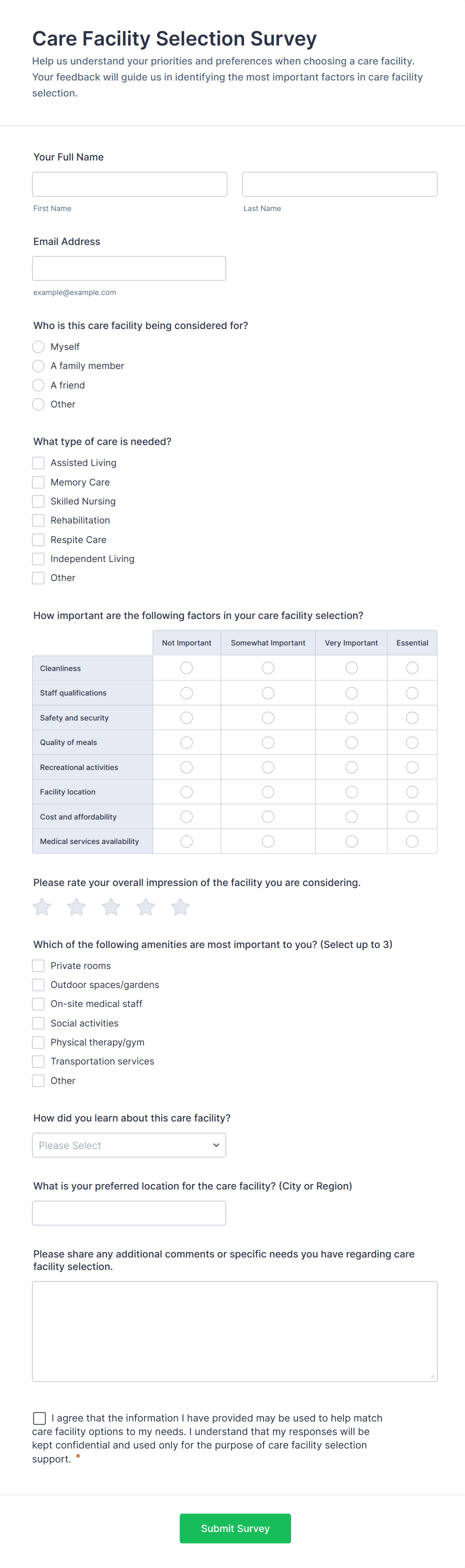 Care Facility Selection Survey Form Template | Jotform