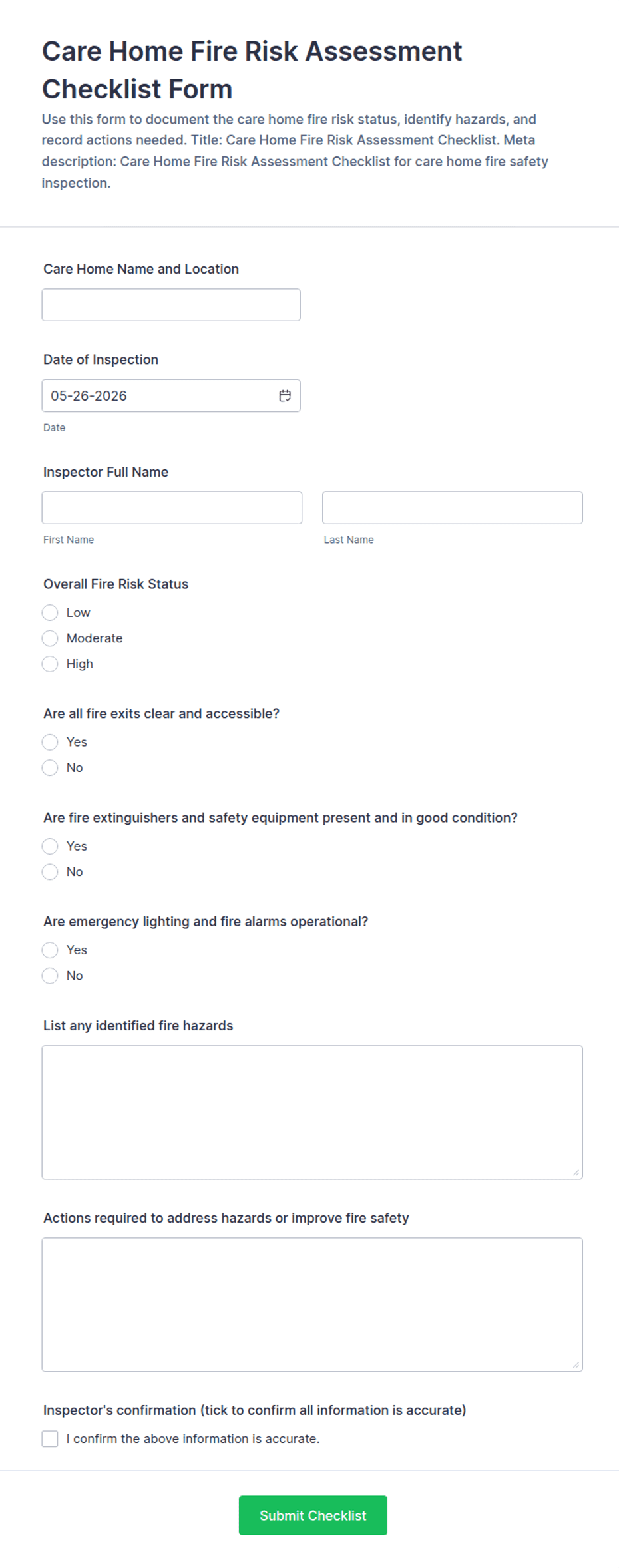 Care Home Fire Risk Assessment Checklist Form Template | Jotform