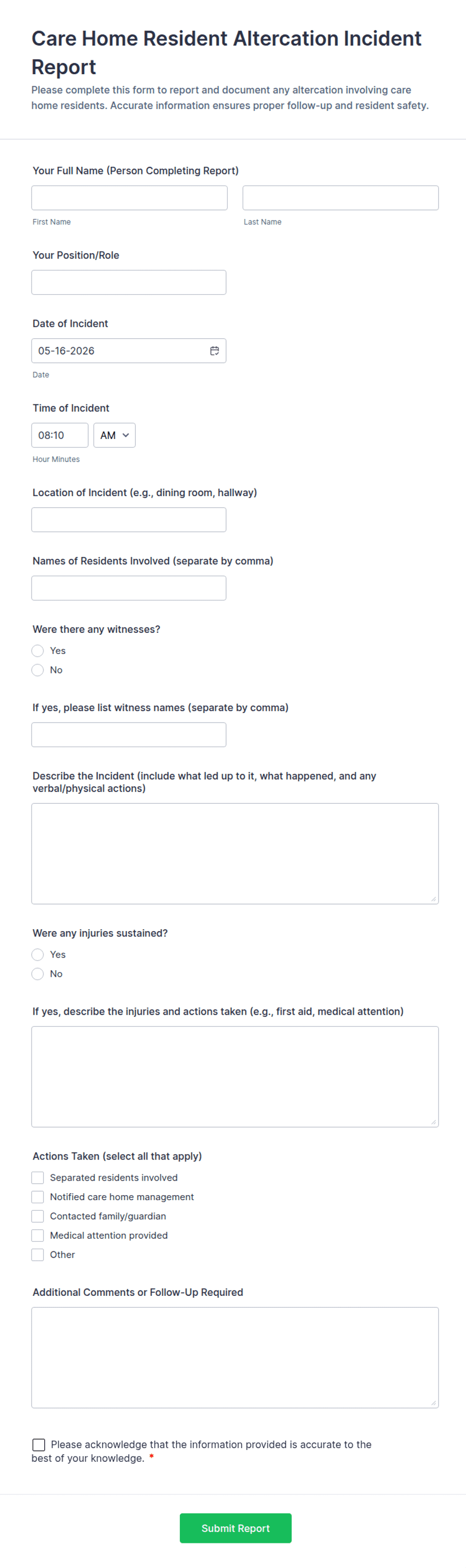 Care Home Resident Altercation Incident Report Form Template | Jotform
