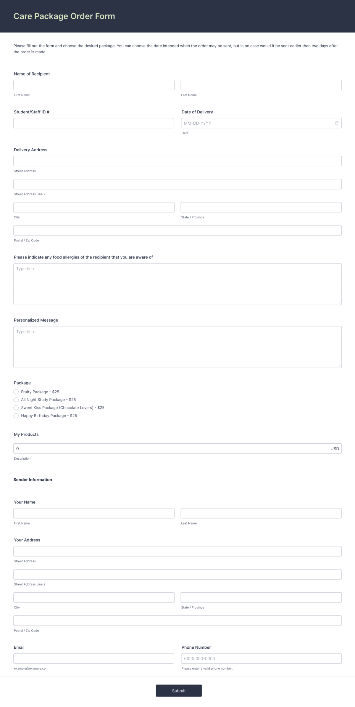 Care Package Order Form Template | Jotform
