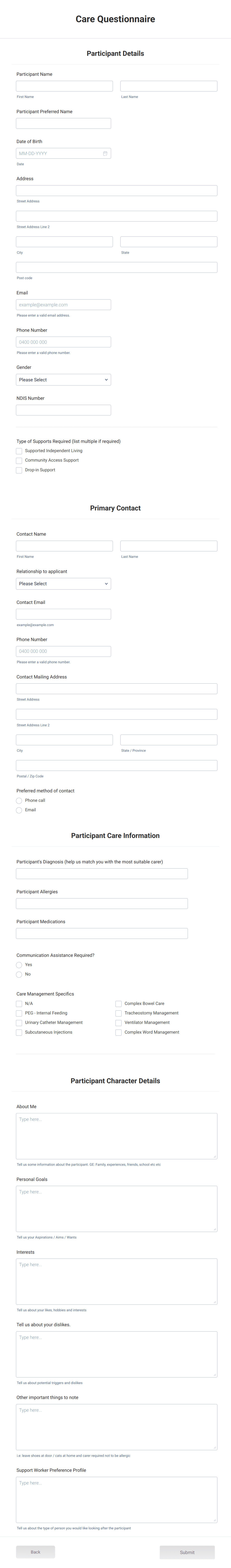 Care Questionnaire Form Template | Jotform