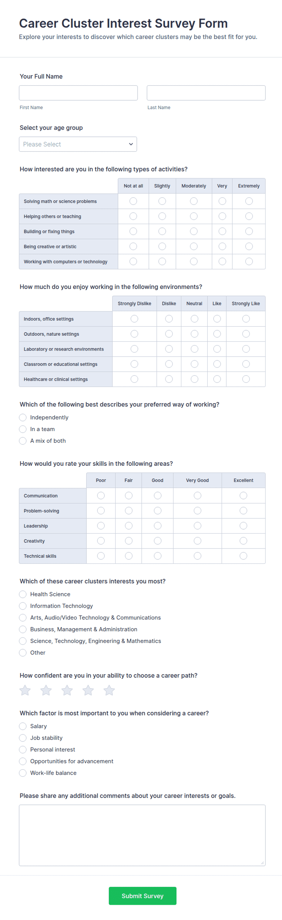 Career Cluster Interest Survey Form Template | Jotform