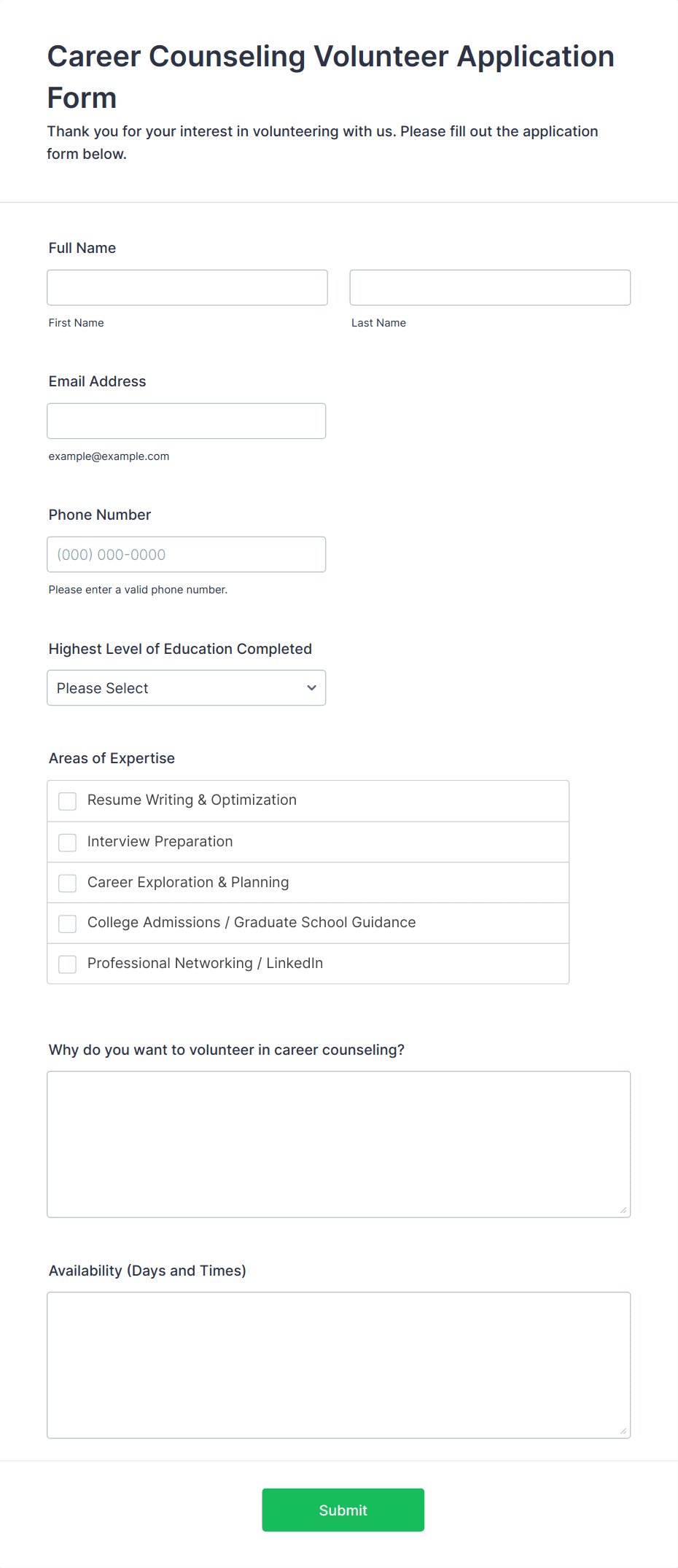 Career Counseling Volunteer Application Form Template | Jotform