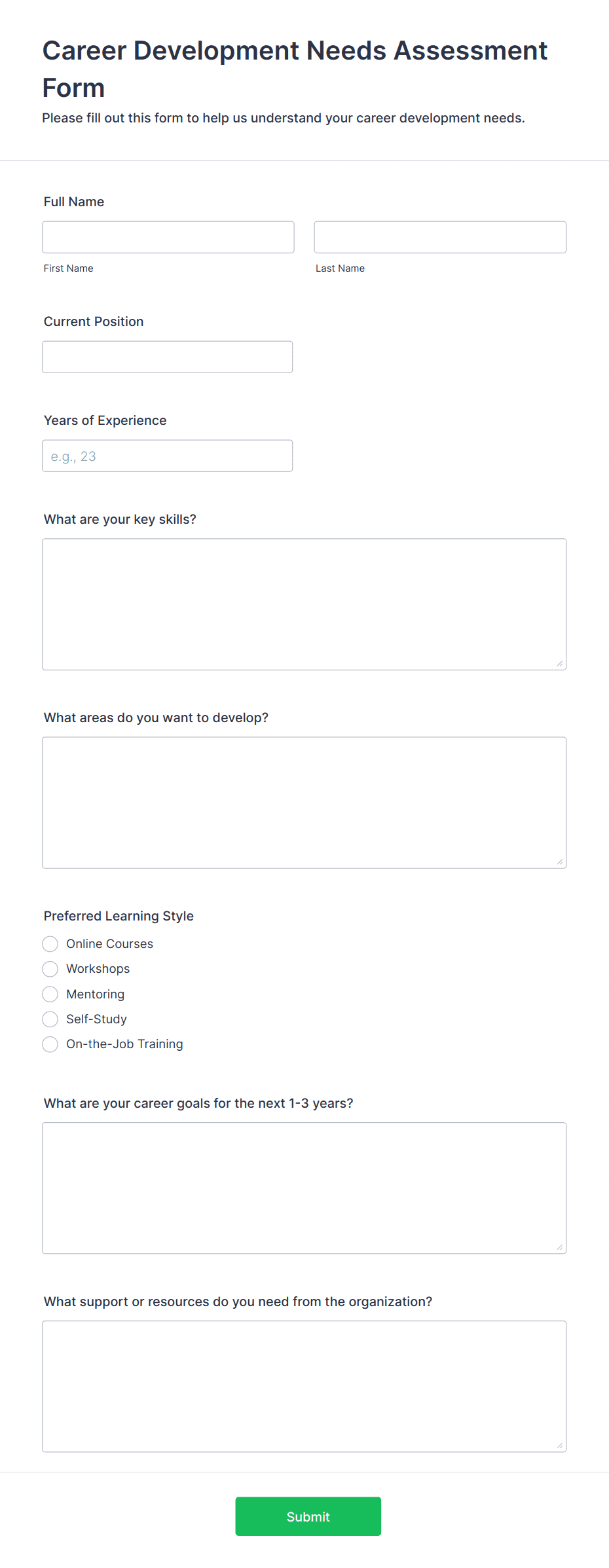 Career Development Needs Assessment Form Template | Jotform