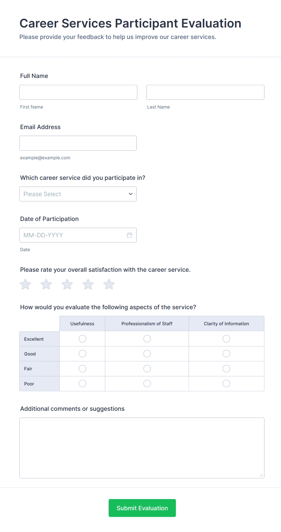 Career Services Participant Evaluation Form Template | Jotform