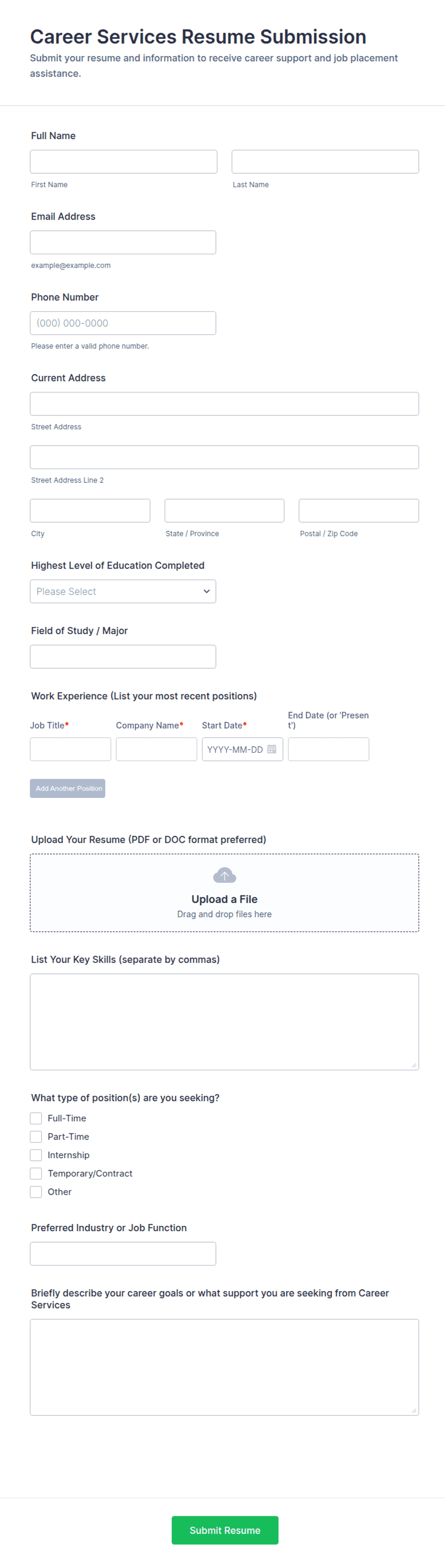 Career Services Resume Submission Form Template | Jotform