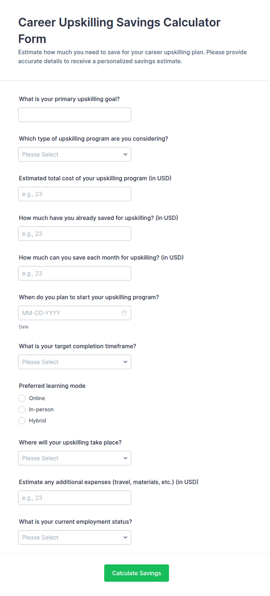 Career Upskilling Savings Calculator Form Template | Jotform