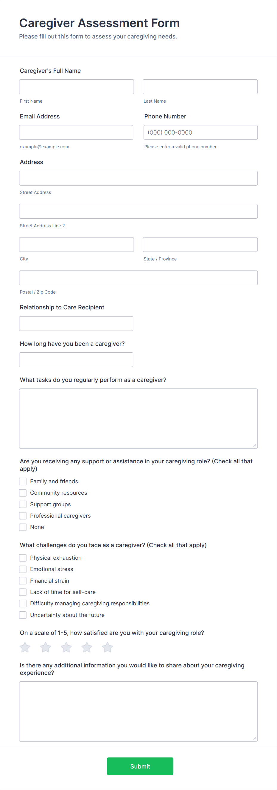 Caregiver Assessment Form Template | Jotform