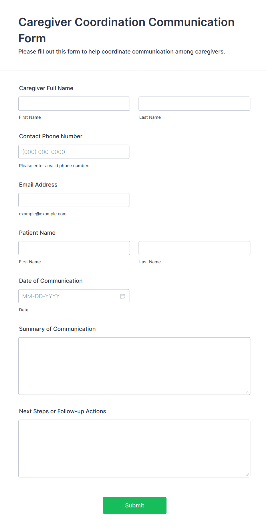Caregiver Coordination Communication Form Template | Jotform
