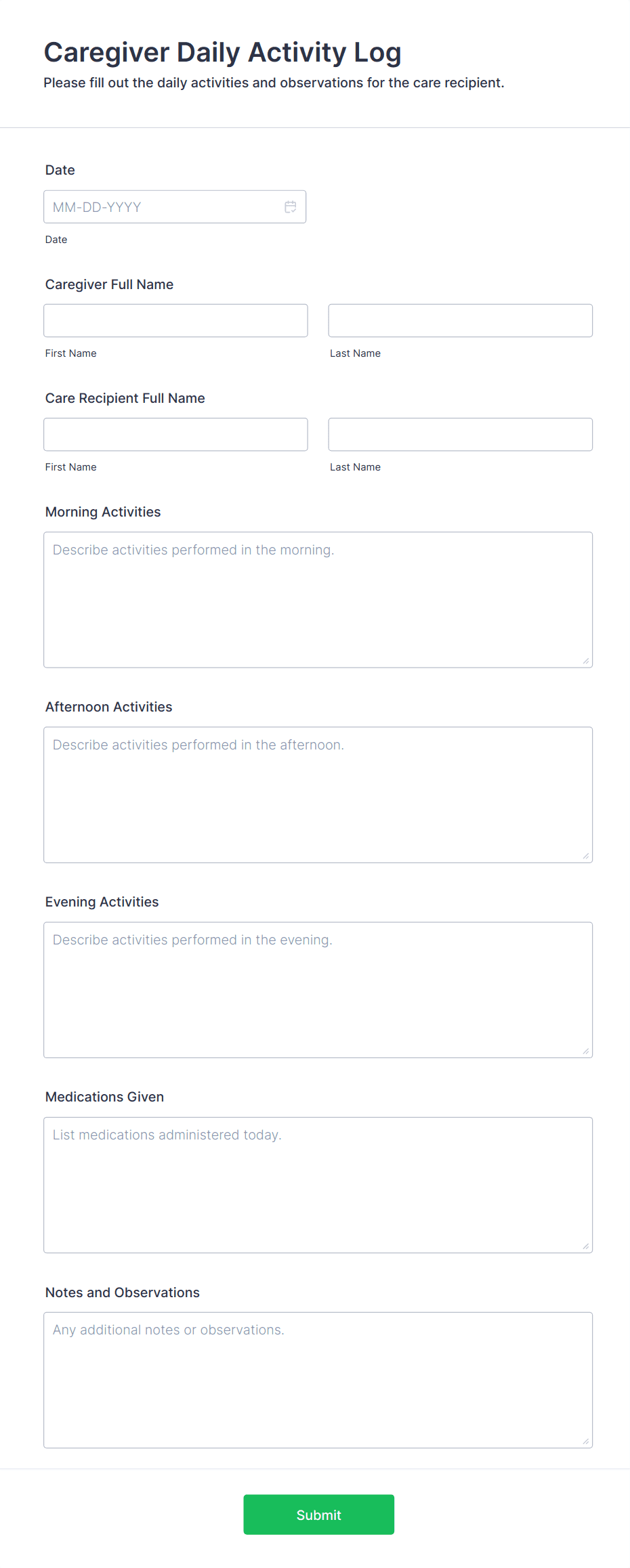 Caregiver Daily Activity Log Form Template | Jotform