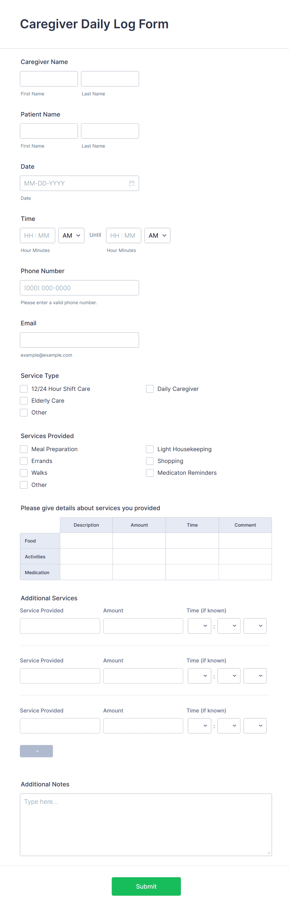 Caregiver Daily Log Form Template | Jotform