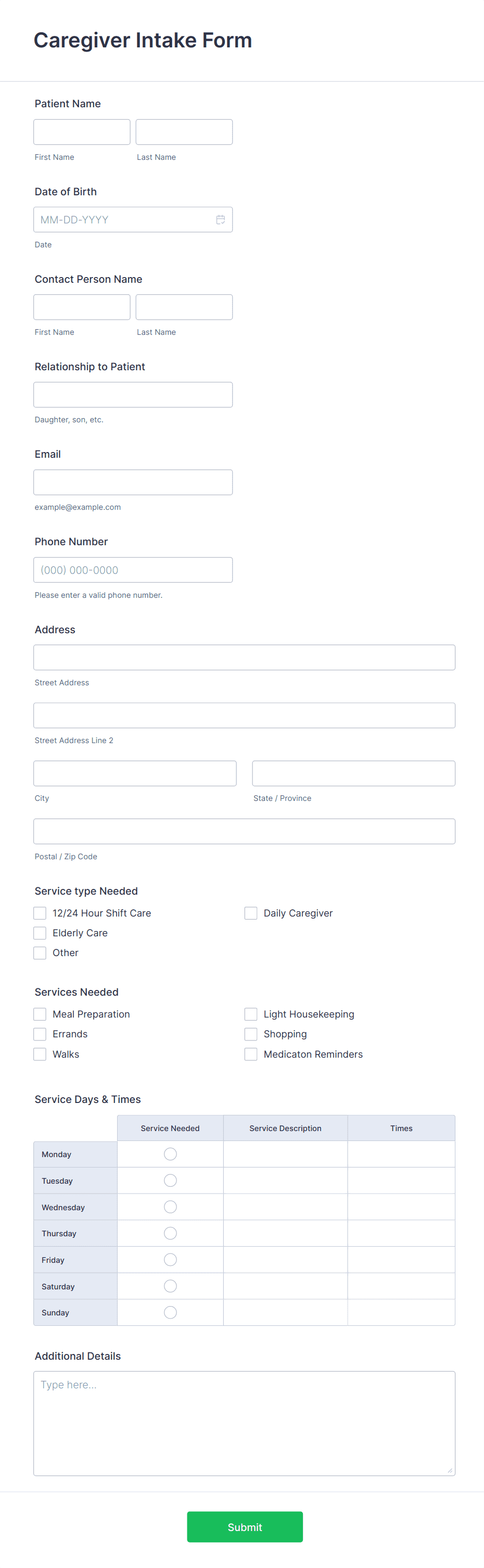 Caregiver Intake Form Template | Jotform
