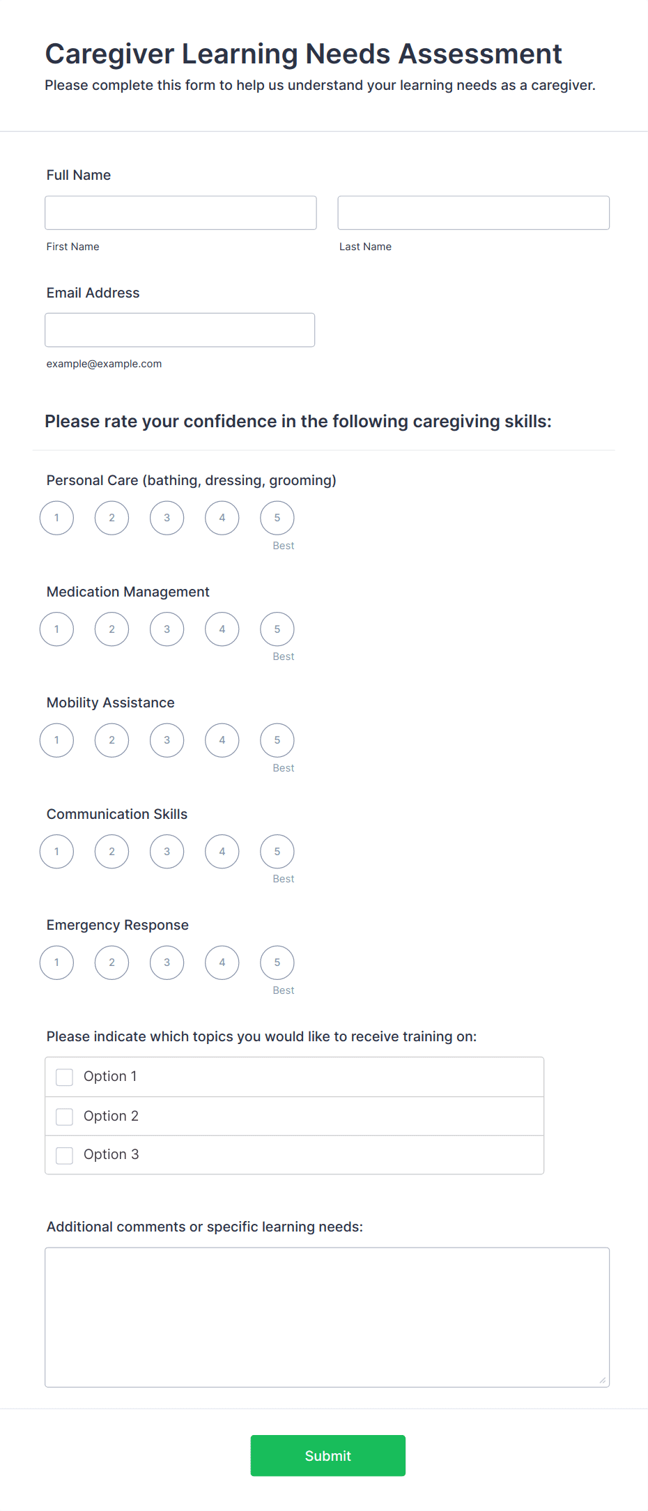 Caregiver Learning Needs Assessment Form Template | Jotform