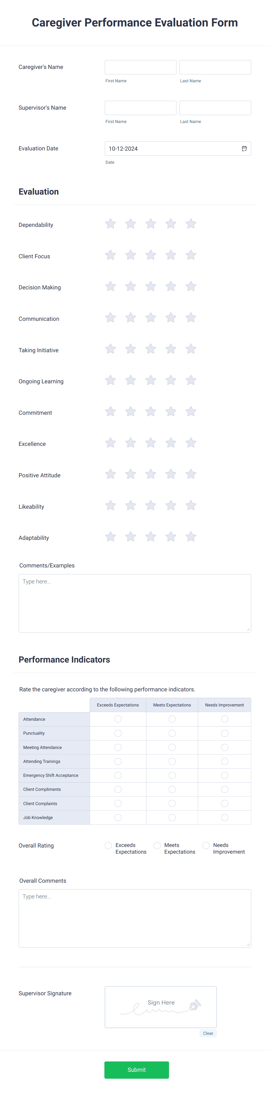 Caregiver Performance Evaluation Form Template | Jotform Caregiver Performance Evaluation Form Template | Jotform