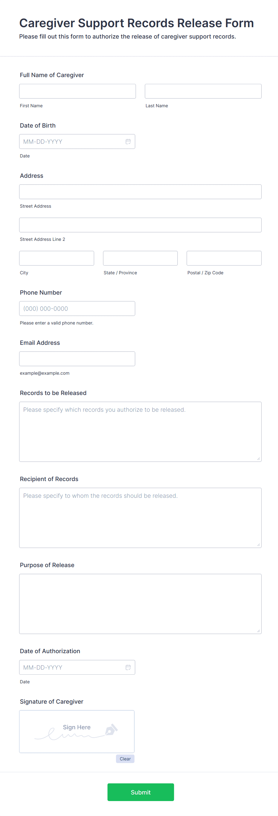 Caregiver Support Records Release Form Template | Jotform