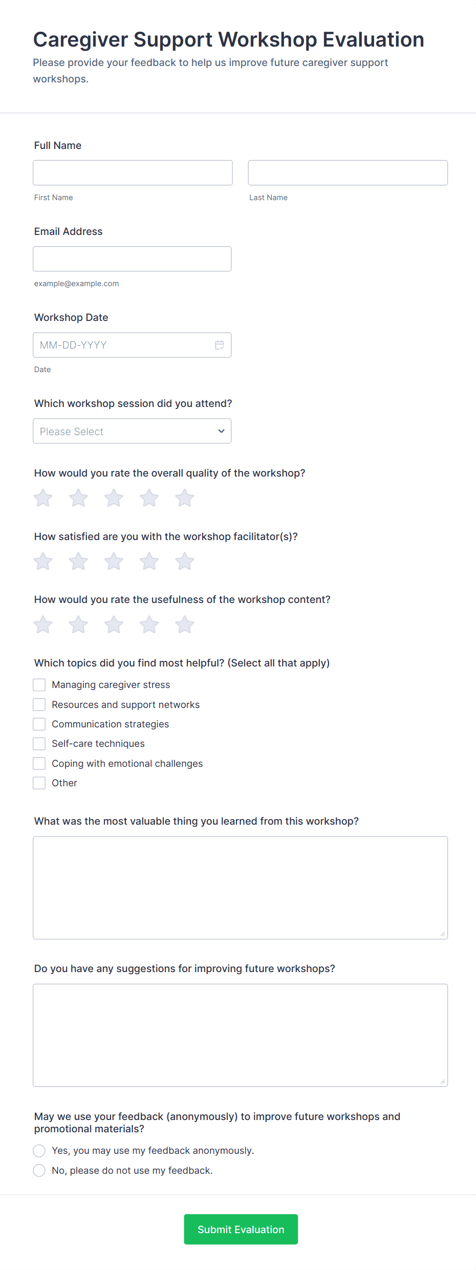Caregiver Support Workshop Evaluation Form Template | Jotform
