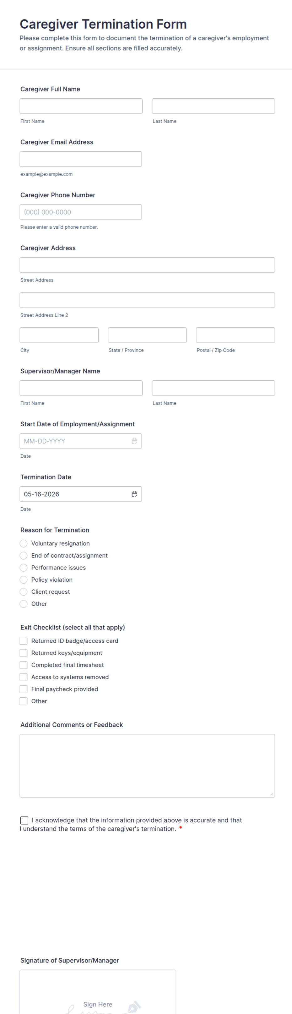 Caregiver Termination Form Template | Jotform