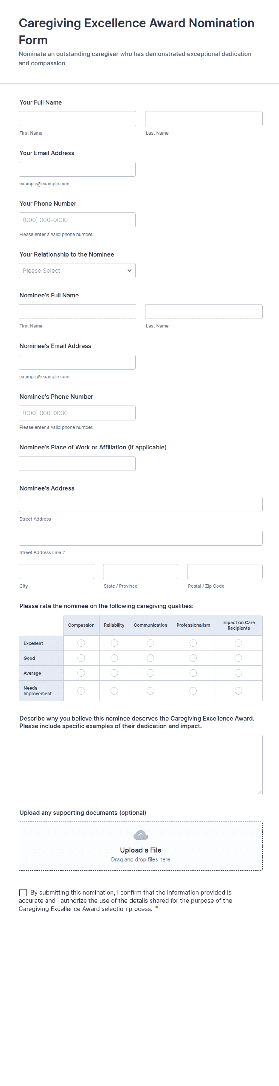 Caregiving Excellence Award Nomination Form Template | Jotform