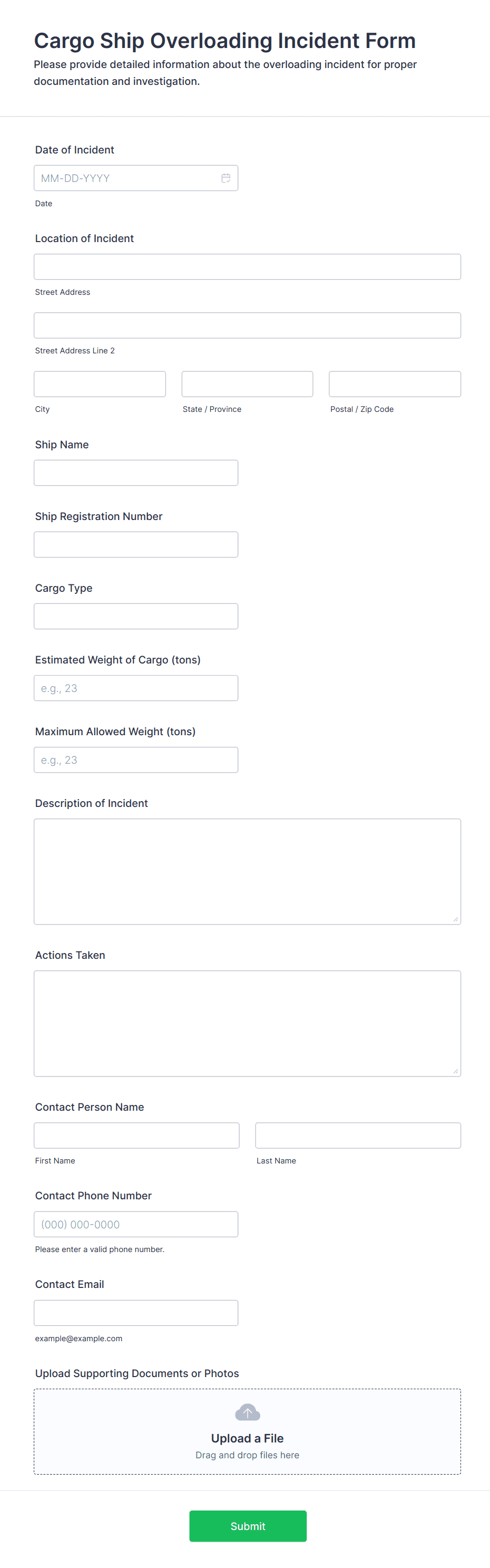Cargo Ship Overloading Incident Form Template | Jotform