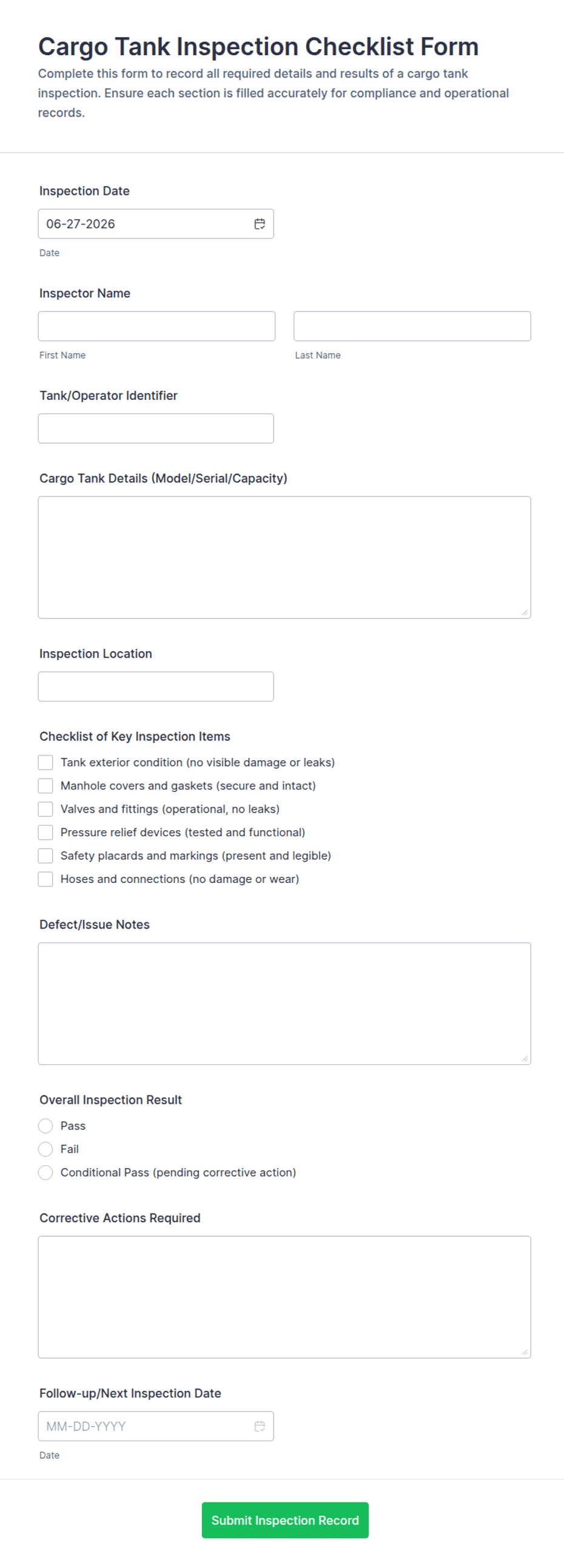 Cargo Tank Inspection Checklist Form Template | Jotform