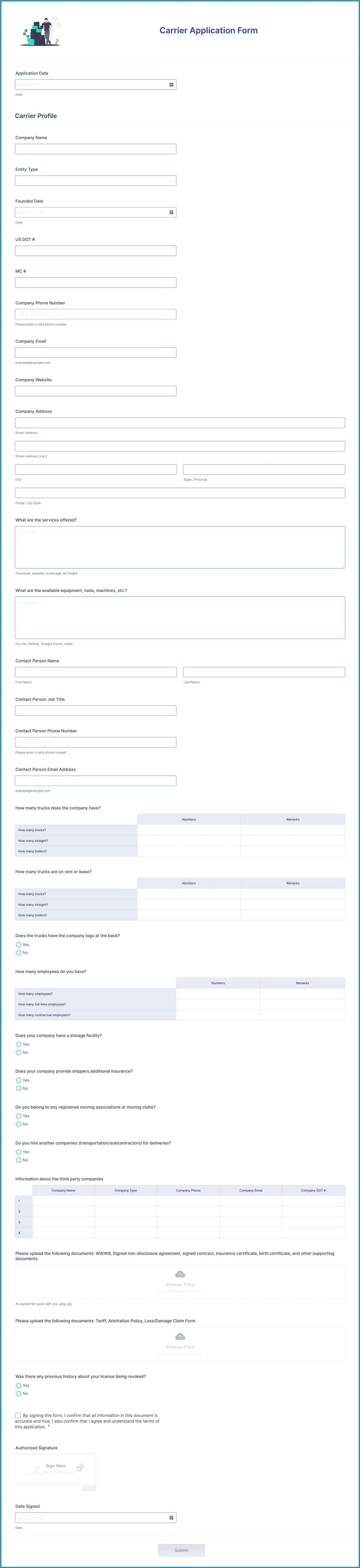 Carrier Application Form Template | Jotform