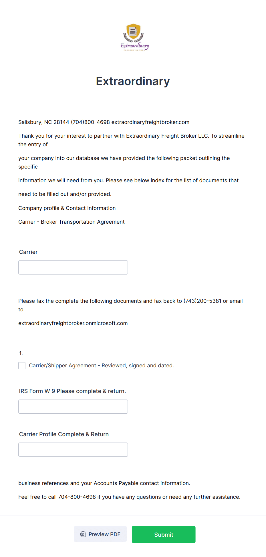 Carrier Company Packet Form Template | Jotform
