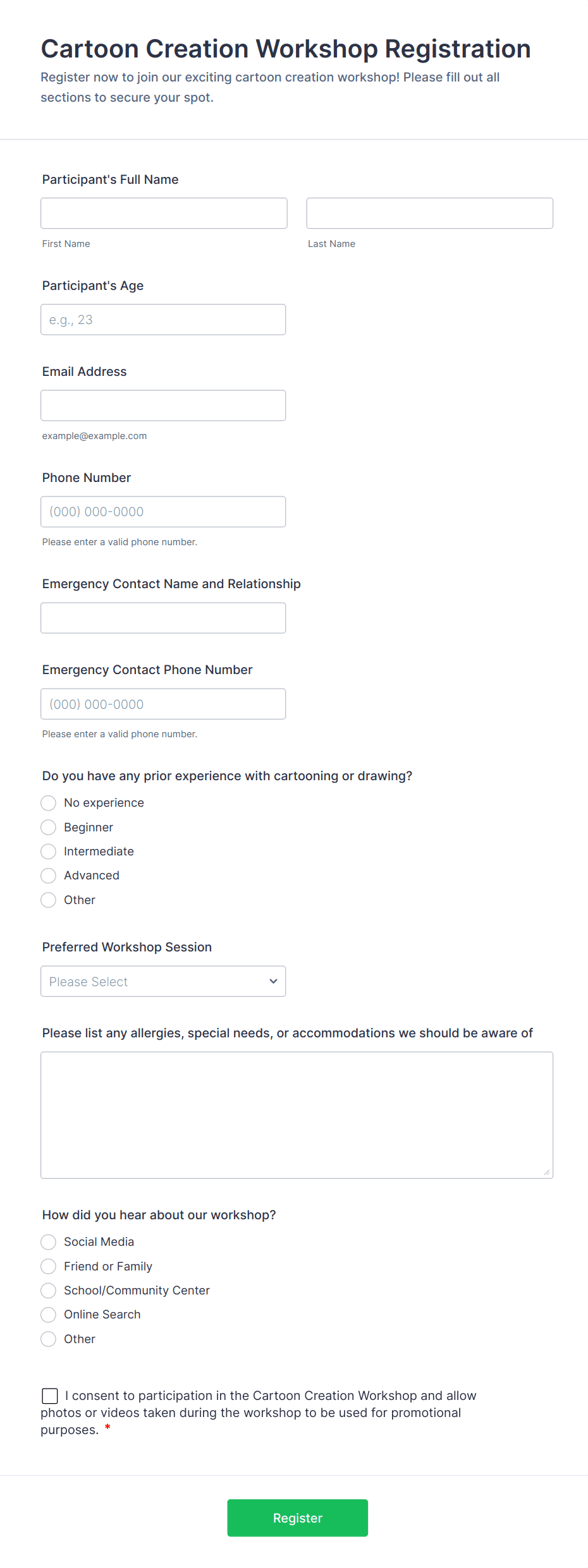 Cartoon Creation Workshop Registration Form Template | Jotform