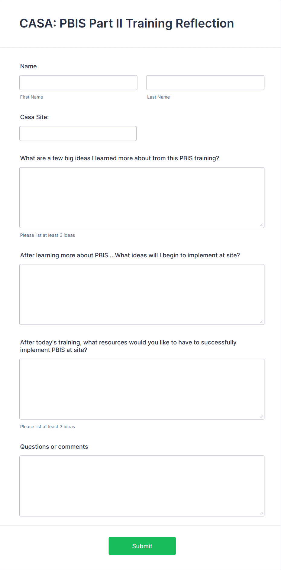 CASA PBIS Part I Training Reflection Form Template | Jotform