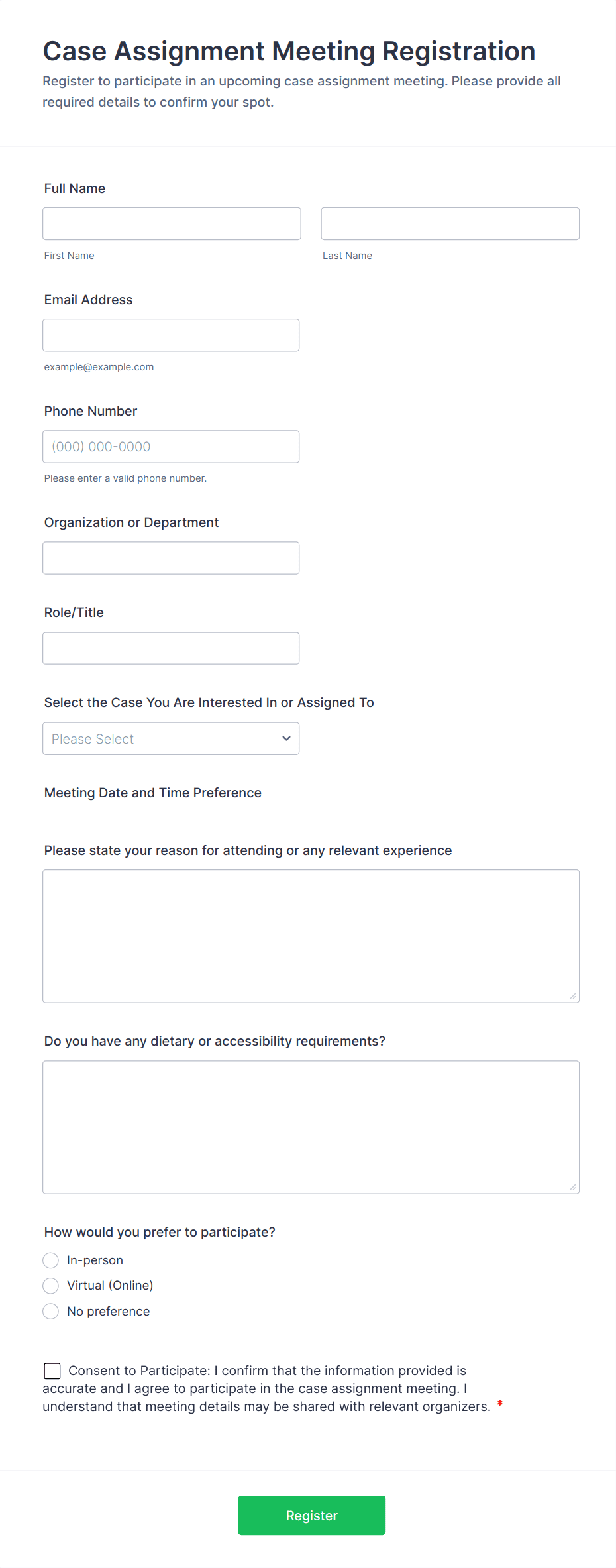 Case Assignment Meeting Registration Form Template | Jotform