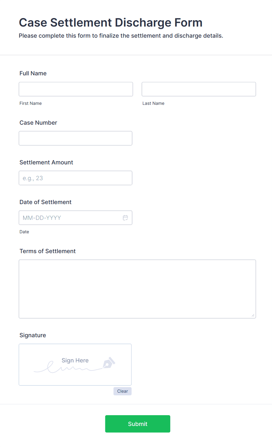 Case Settlement Discharge Form Template | Jotform
