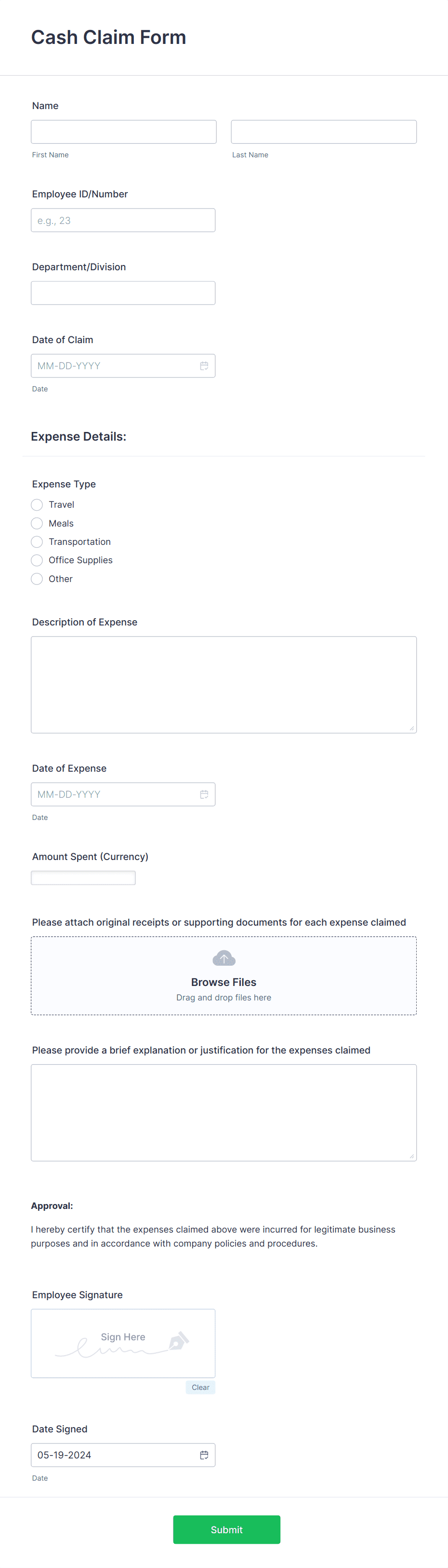 Cash Claim Form Template | Jotform