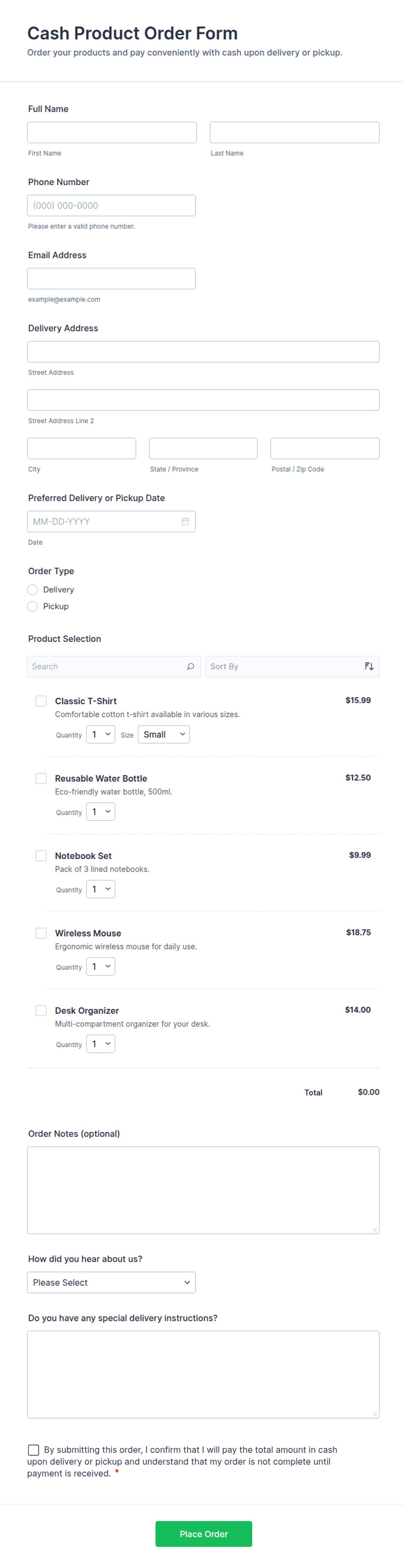 Cash Product Order Form Template | Jotform