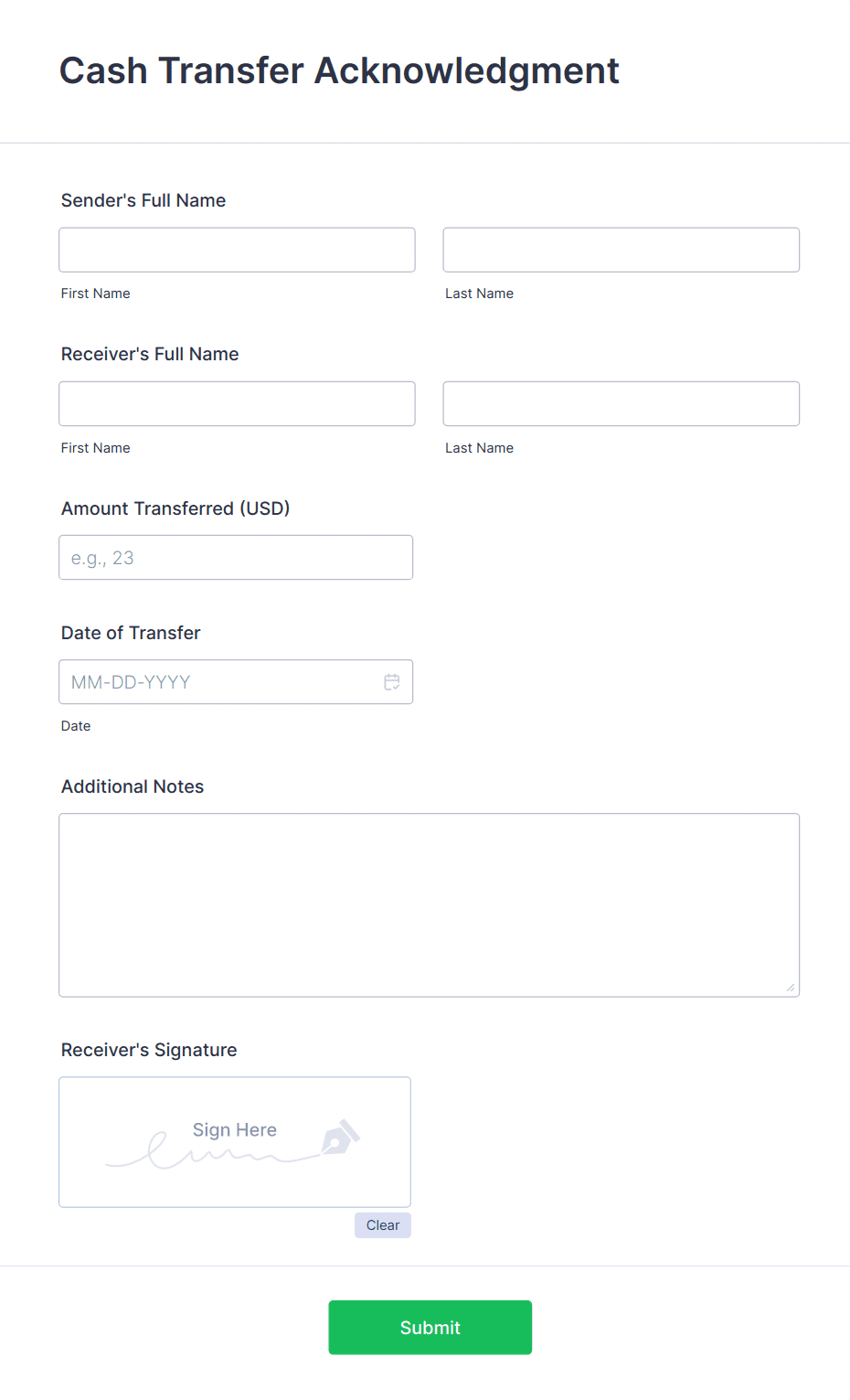 Cash Transfer Acknowledgment Form | Jotform