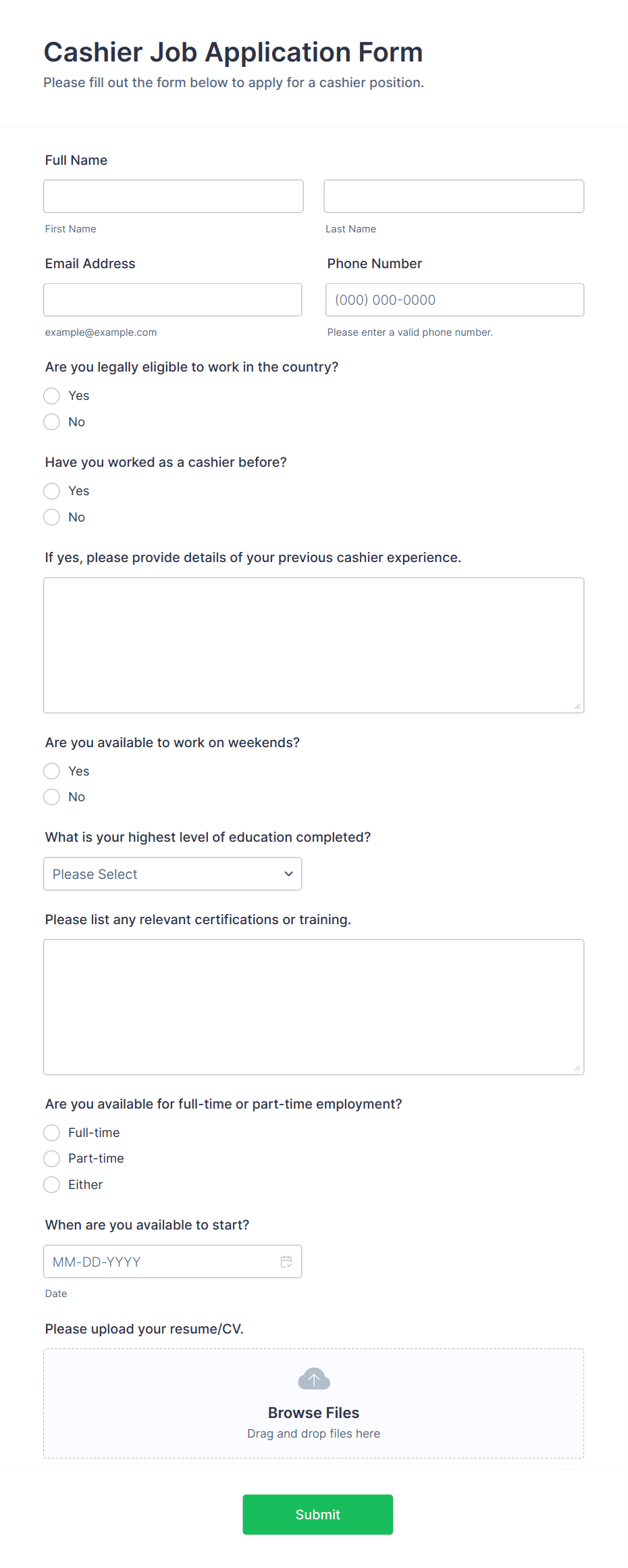 Cashier Job Application Form Template | Jotform Cashier Job Application Form Template | Jotform