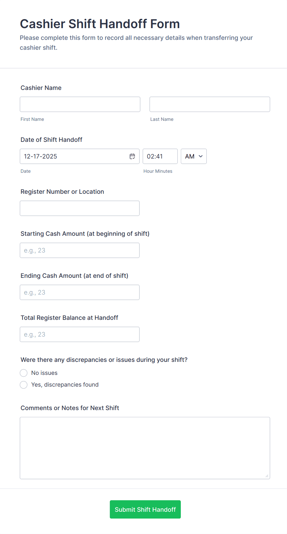 Cashier Shift Handoff Form Template | Jotform