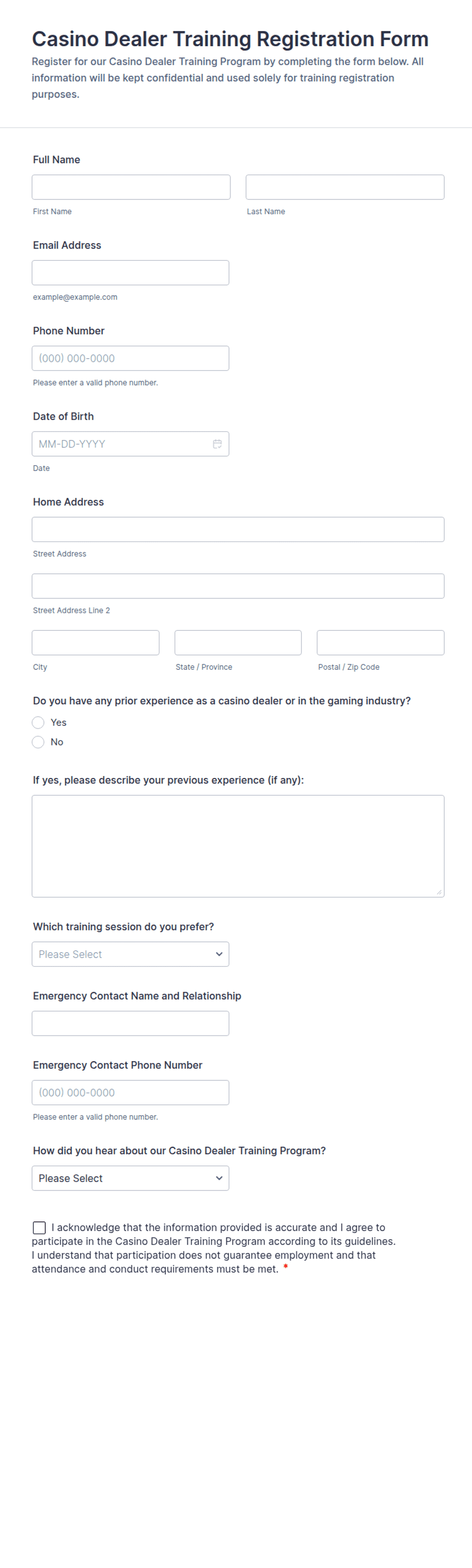 Casino Dealer Training Registration Form Template | Jotform