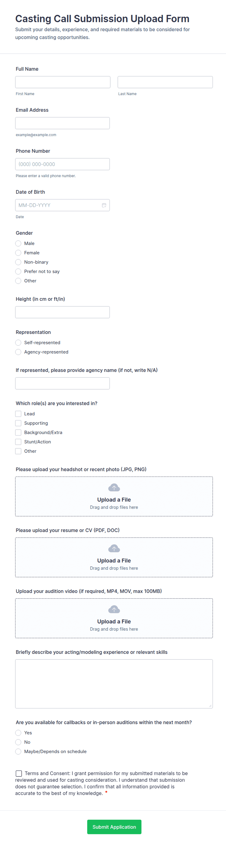 Casting Call Submission Upload Form Template | Jotform