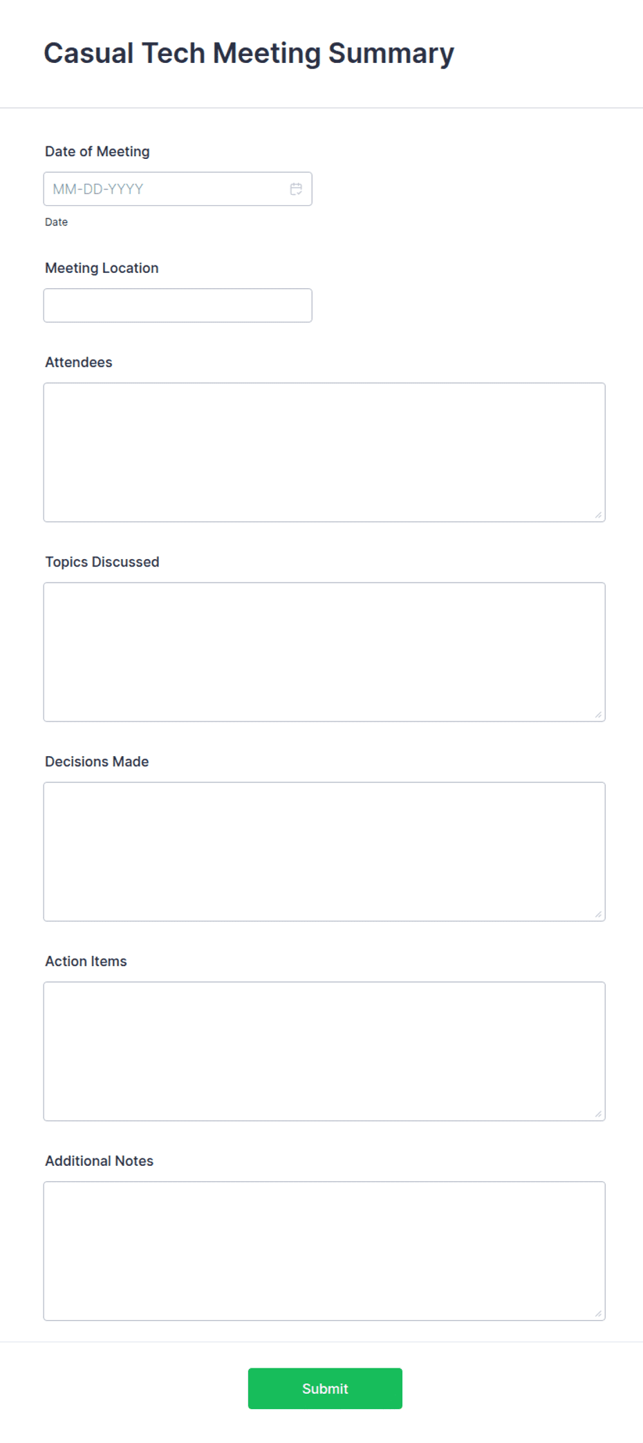 Casual Tech Meeting Summary Form Template | Jotform