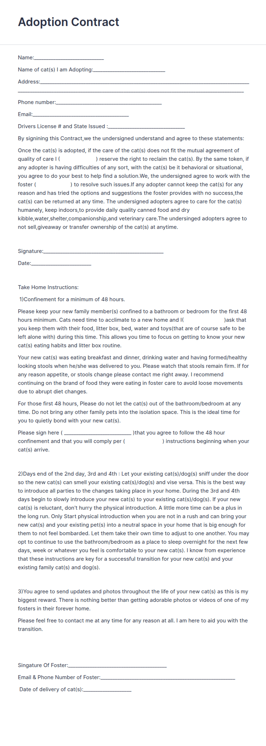 Cat Adoption Contract Form Template | Jotform
