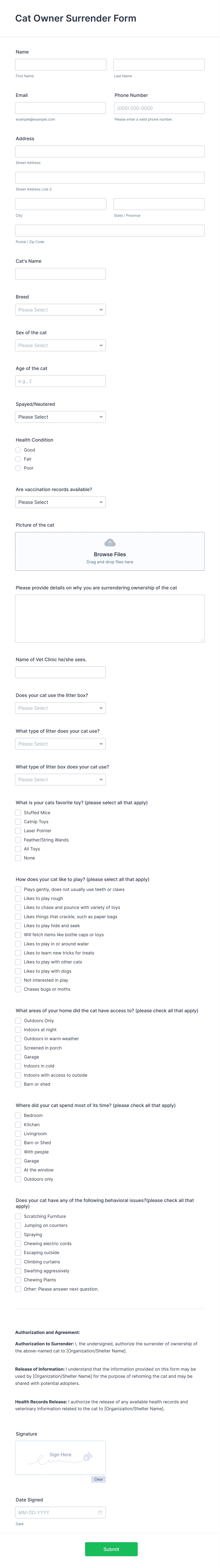 Cat Owner Surrender Form Template | Jotform