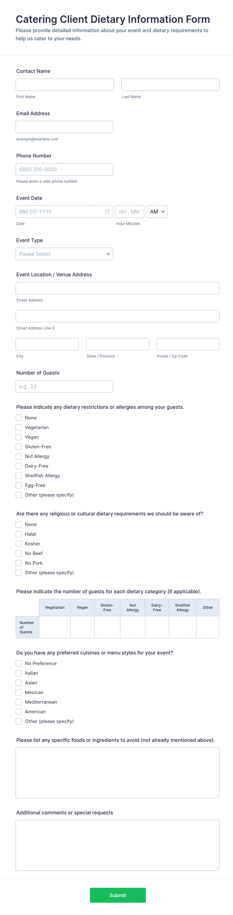 Catering Client Dietary Information Form Template | Jotform