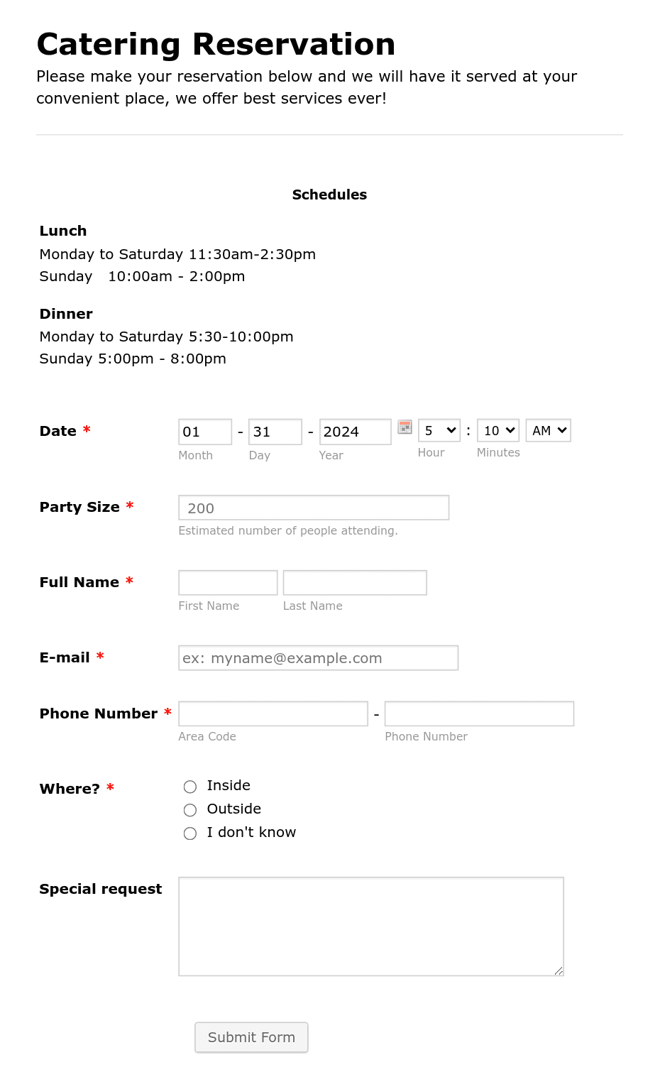Catering Reservation Form Template | Jotform