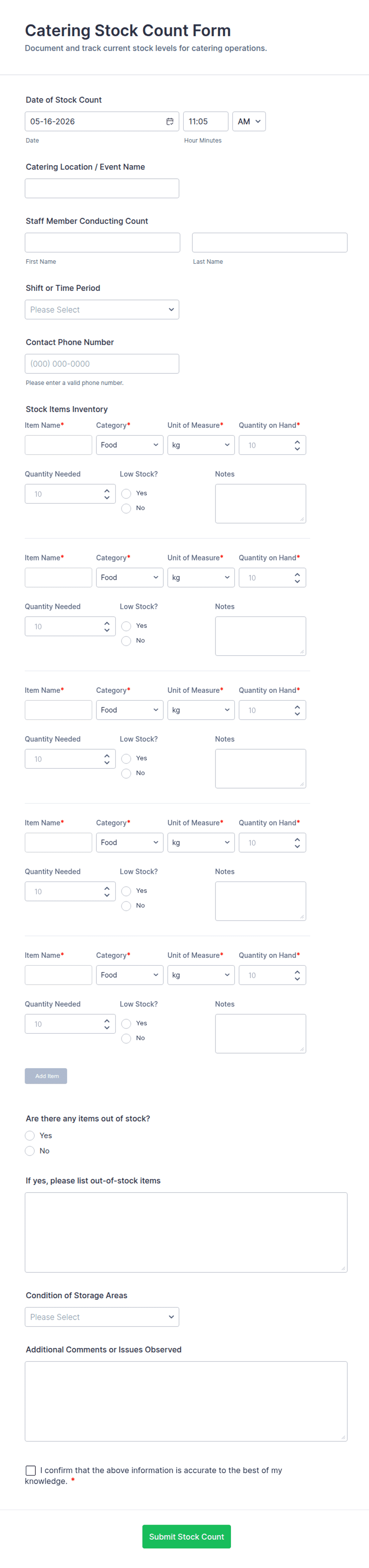 Catering Stock Count Form Template | Jotform