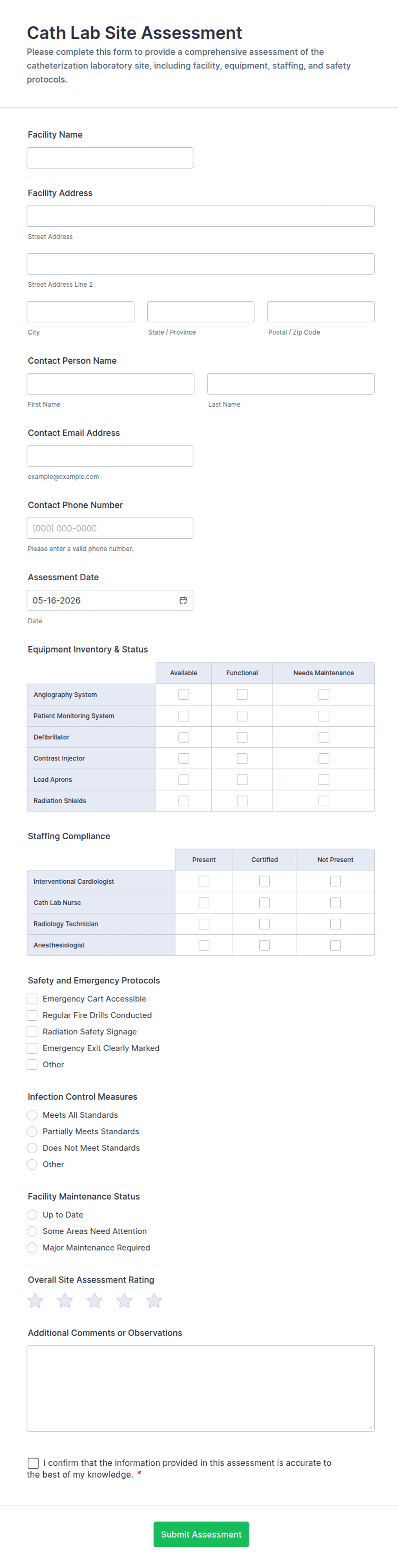 Cath Lab Site Assessment Form Template | Jotform